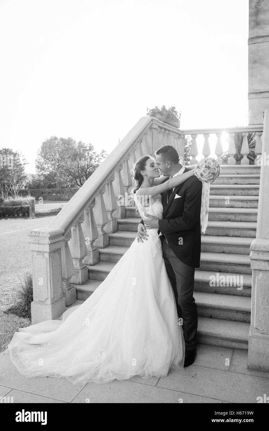 Happy bride and groom on their wedding day fabulous landscape Stock ...