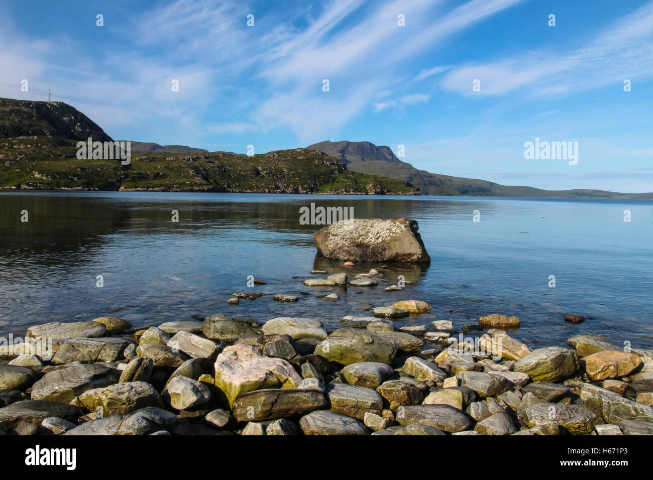 Rocky Beach at the campsite on Ardmair Point, near Ullapool, Scotland ...