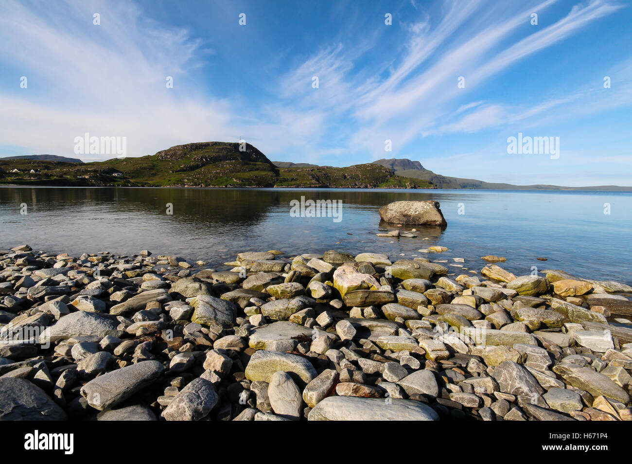 Rocky Beach at the campsite on Ardmair Point, near Ullapool, Scotland ...