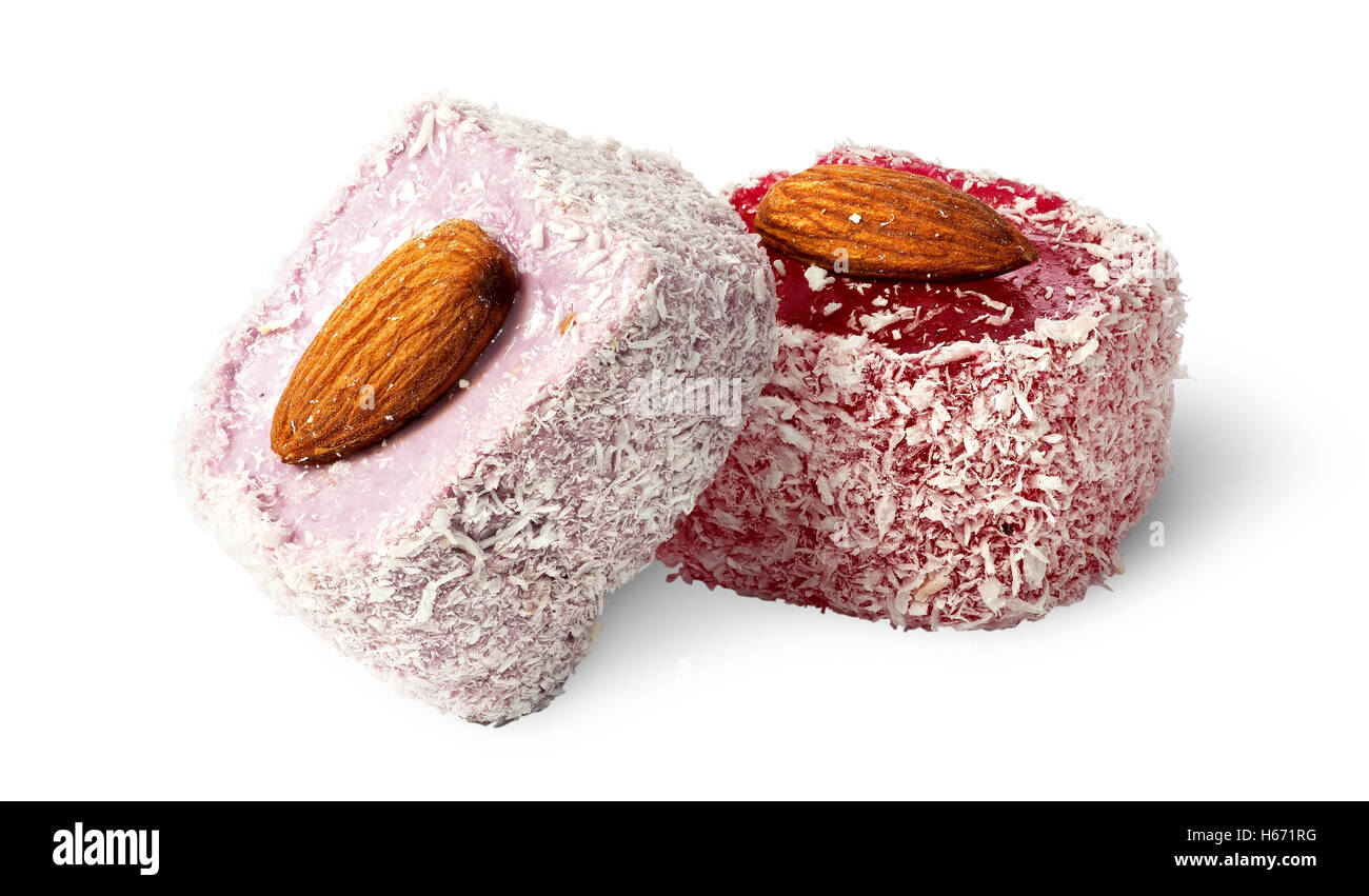 Two pieces of Turkish Delight with almonds isolated on white background ...