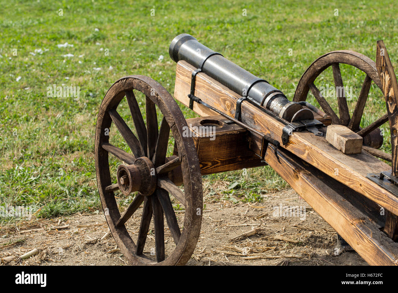 Man made wooden cannon replica Stock Photo - Alamy