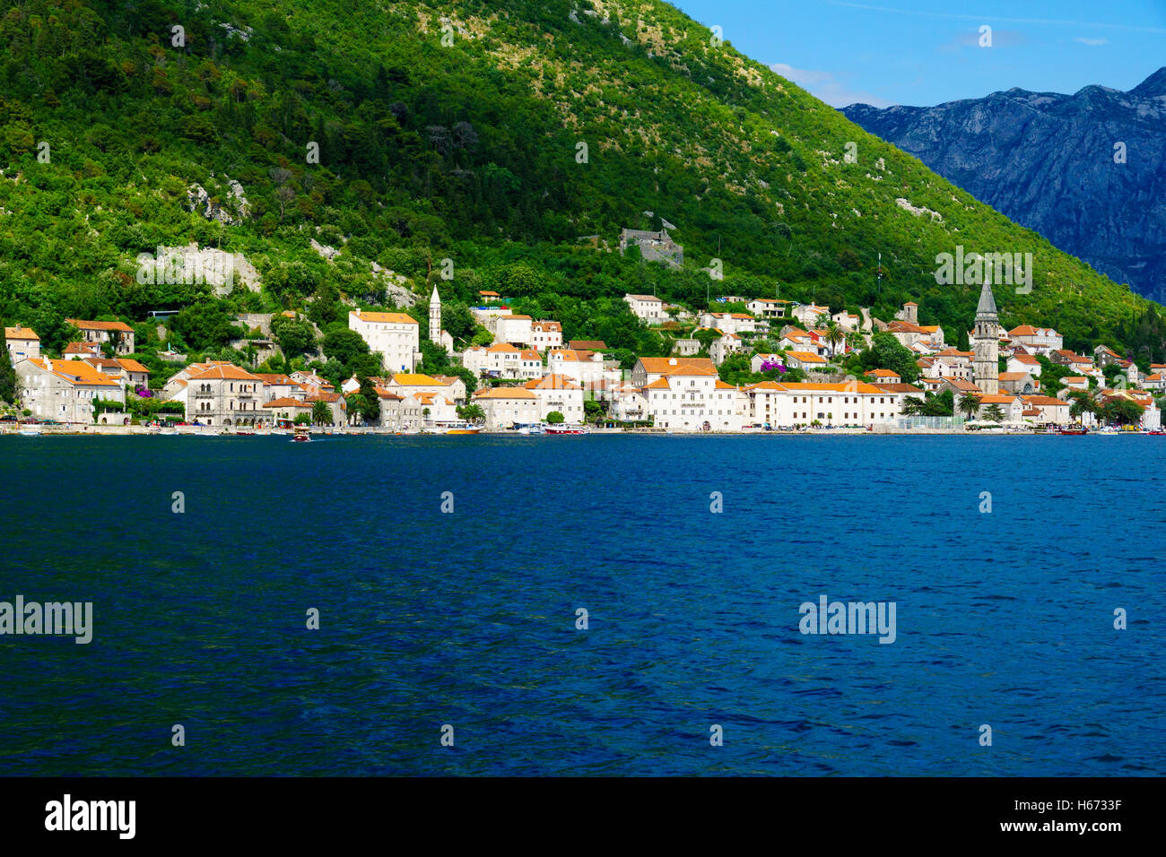 PERAST, MONTENEGRO - JUNE 28, 2015: View of the town of Perast, with ...