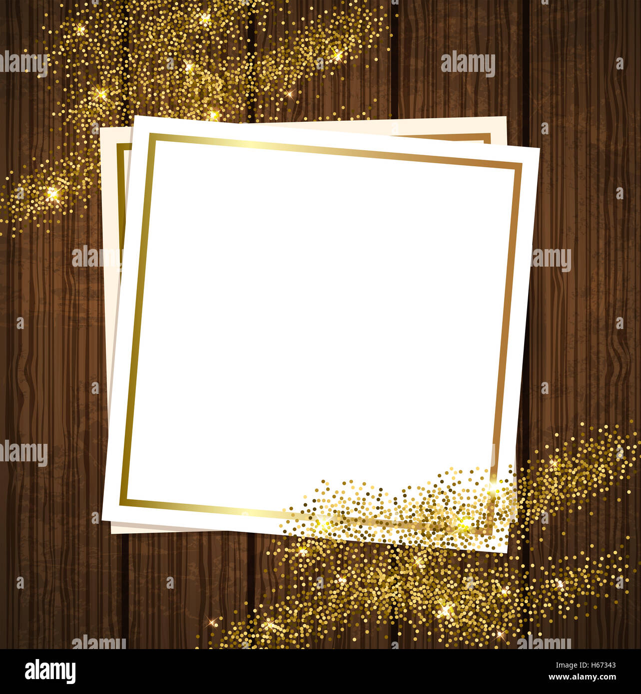 Golden shining background for design. Paper frame on a wooden ...