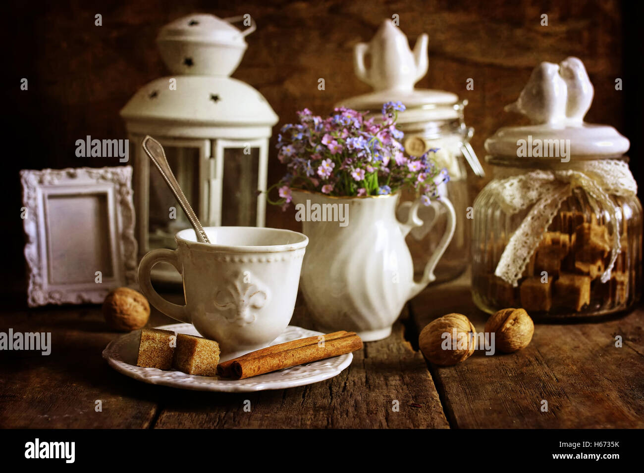 retro tea set on wooden background Stock Photo - Alamy
