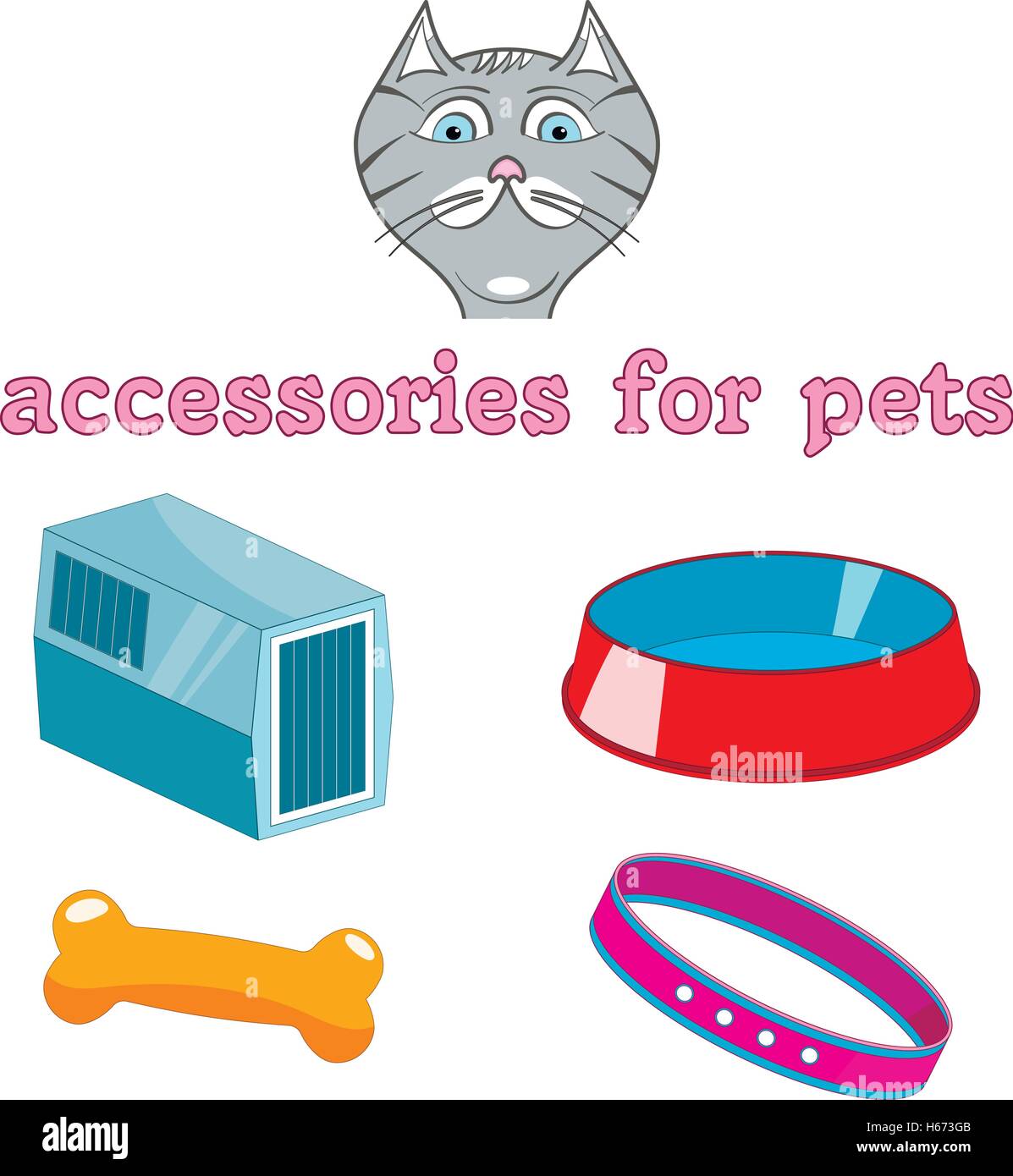 vector cartoon accessories for animals. Cat, bowl, collar, carrier ...