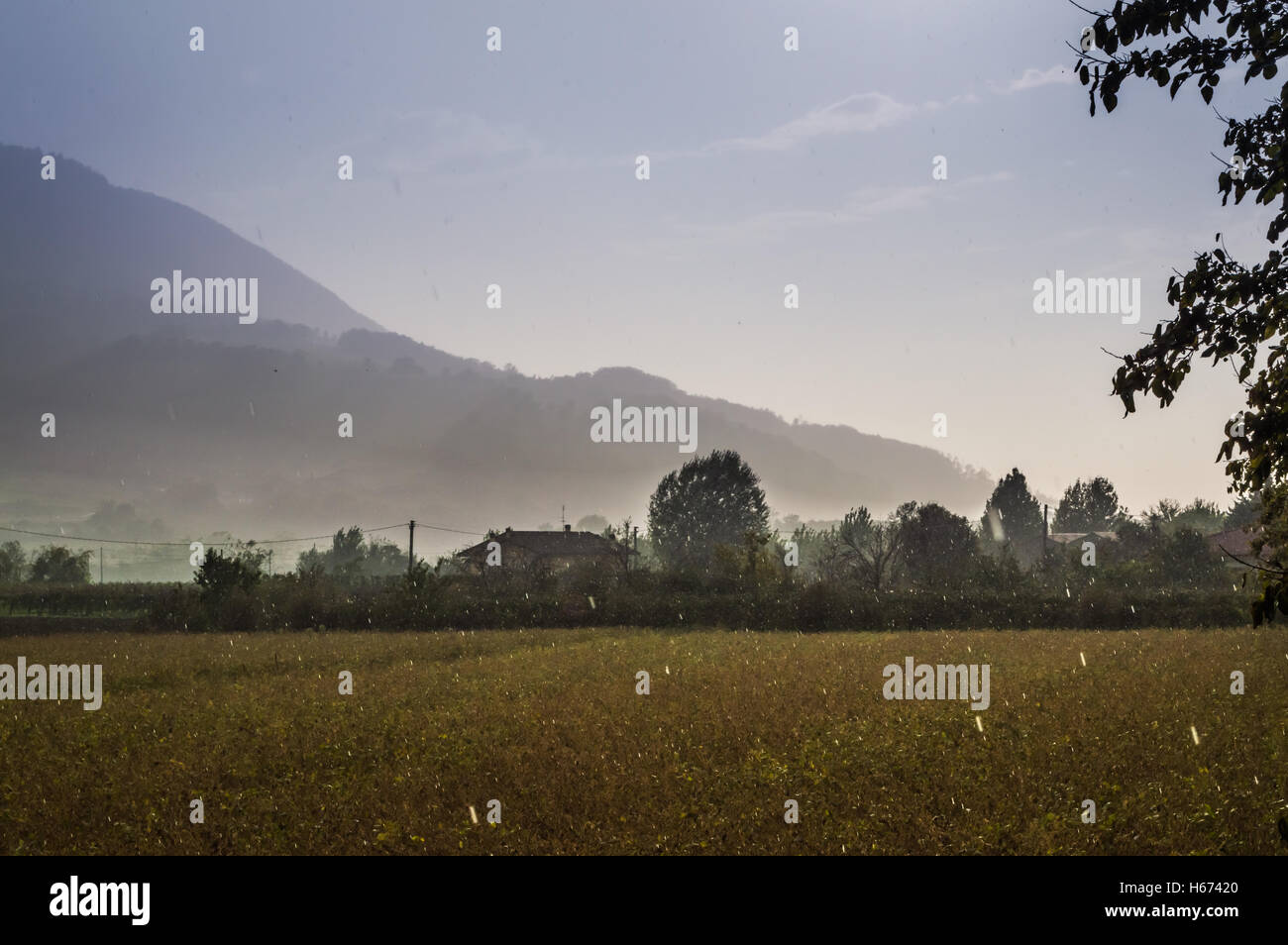 big raindrops falling on a country italian landscape in the italian ...