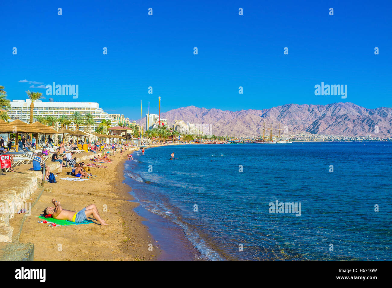Comfortable beaches of popular resort Eilat in Israel, Eilat Stock ...