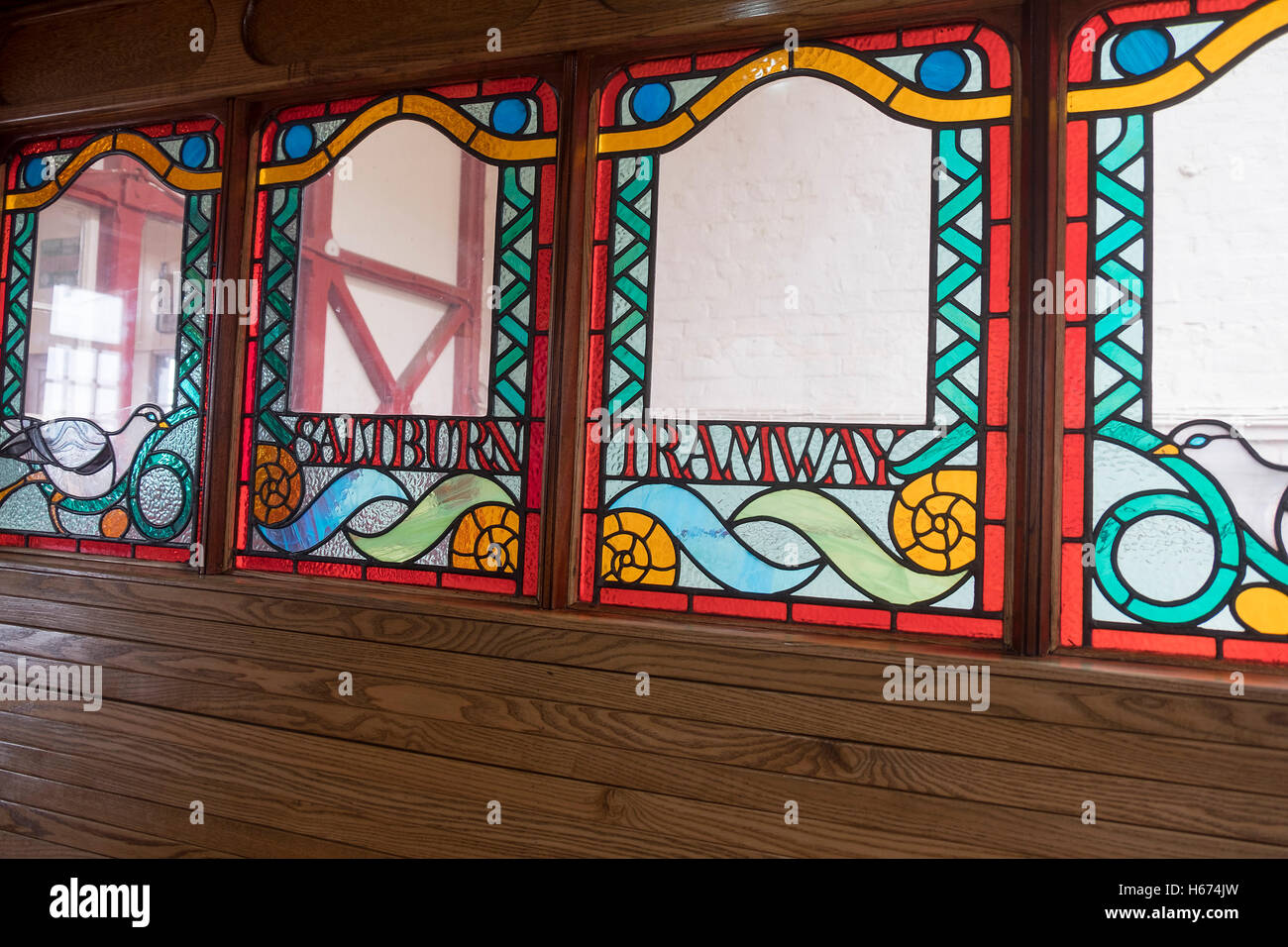 Stained glass windows on the historic saltburn tramway Stock Photo - Alamy