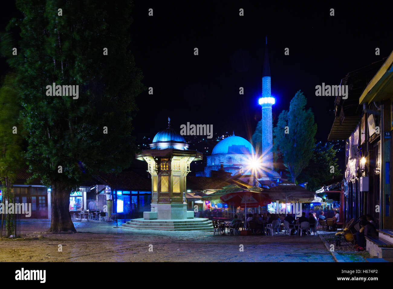 SARAJEVO, BIH - JULY 04, 2015: Night scene, with the Sebilj fountain ...