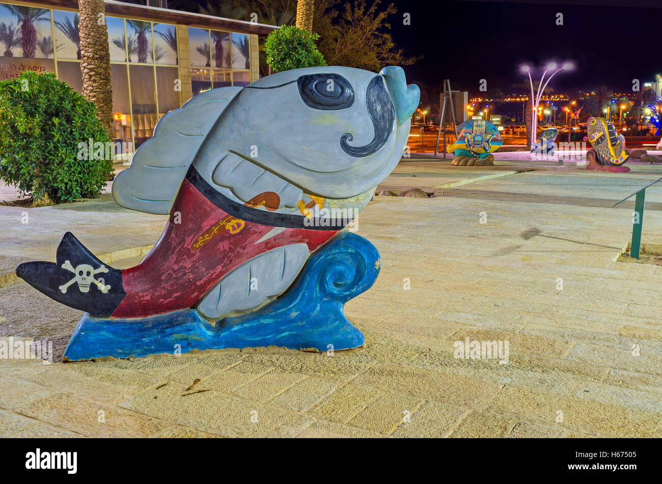 The sculpture of the fish in pirate dress with the eye patch and Jolly ...