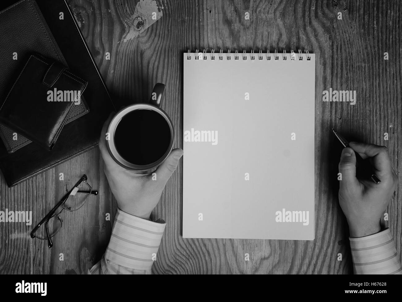 monochrome notebook paper writing tools Stock Photo - Alamy