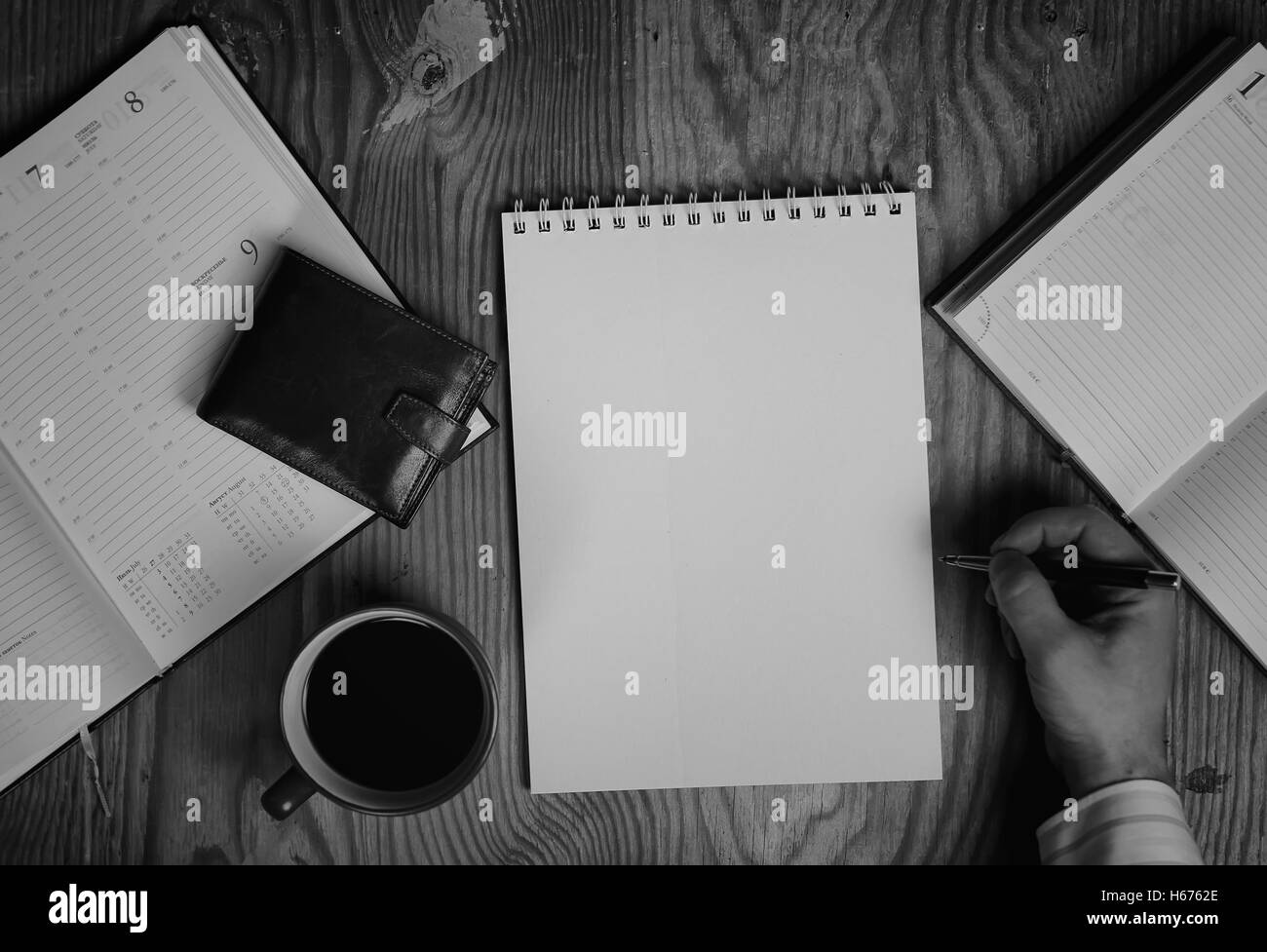 monochrome notebook paper writing tools Stock Photo - Alamy