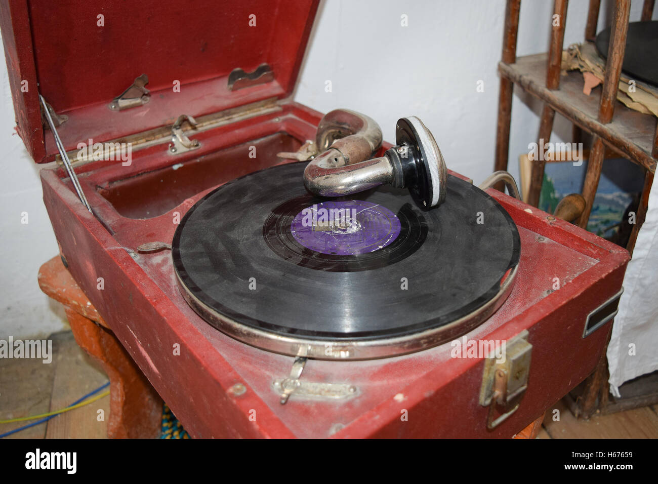 Ancient dusty record player. Entertainment of residents of the Russian ...