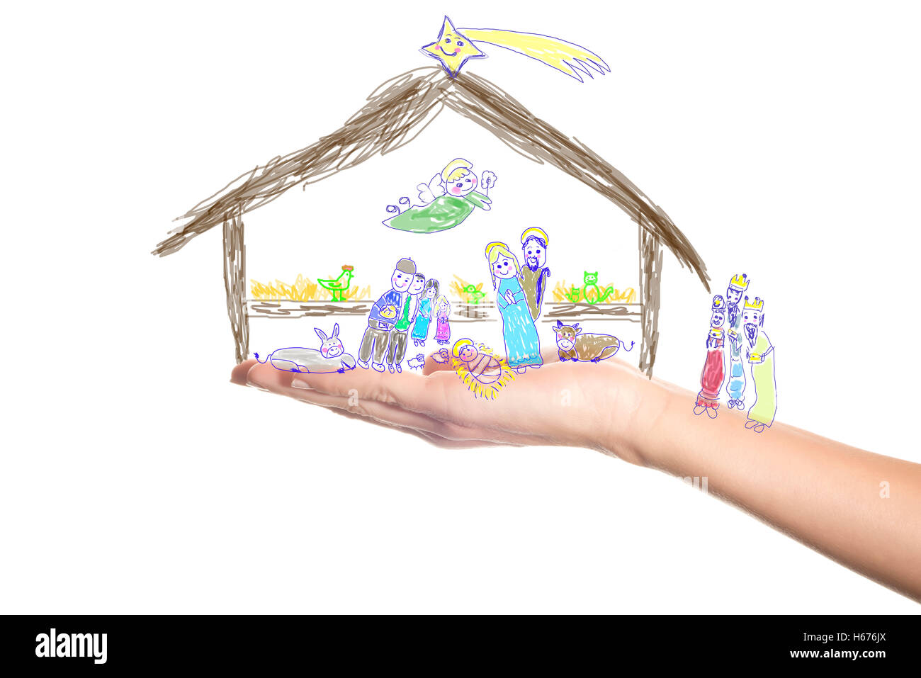 Nativity Scene drawn by a small child in a hand, Christmas greeting ...