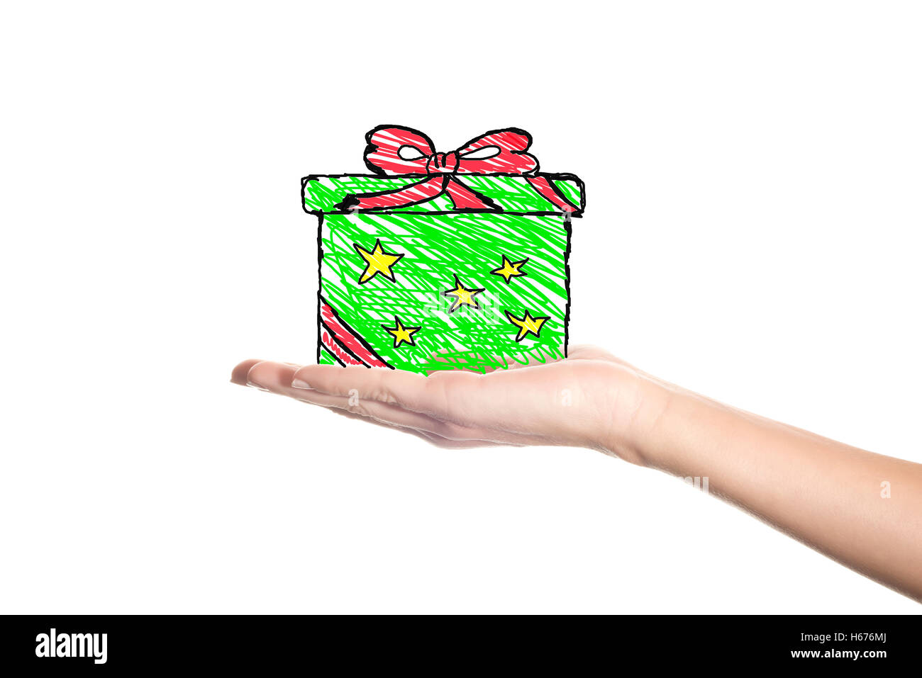 Gifts, drawing a gift in a woman's hand isolated on white Stock Photo ...