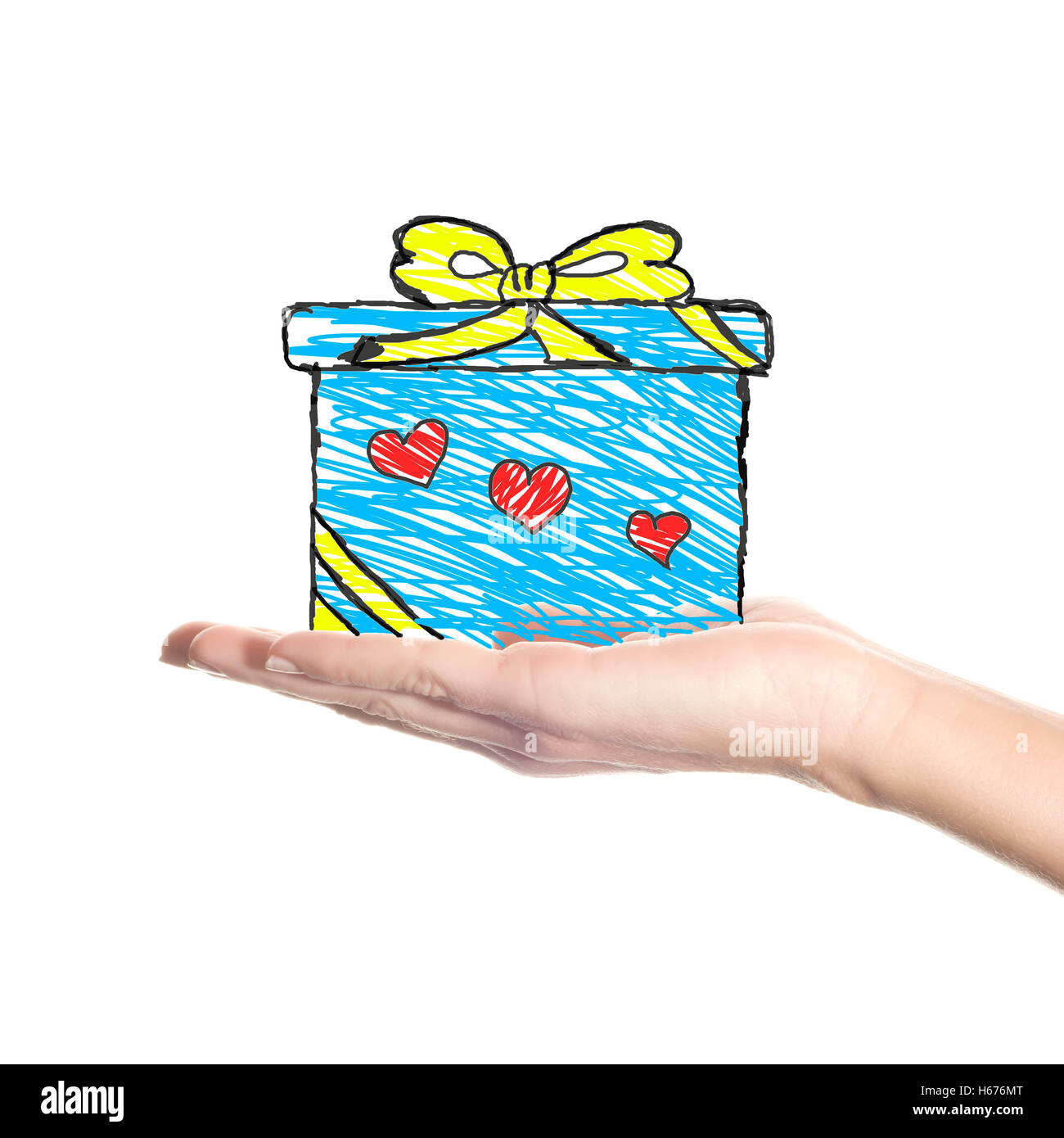 Gifts, drawing a gift in a woman's hand isolated on white Stock Photo ...