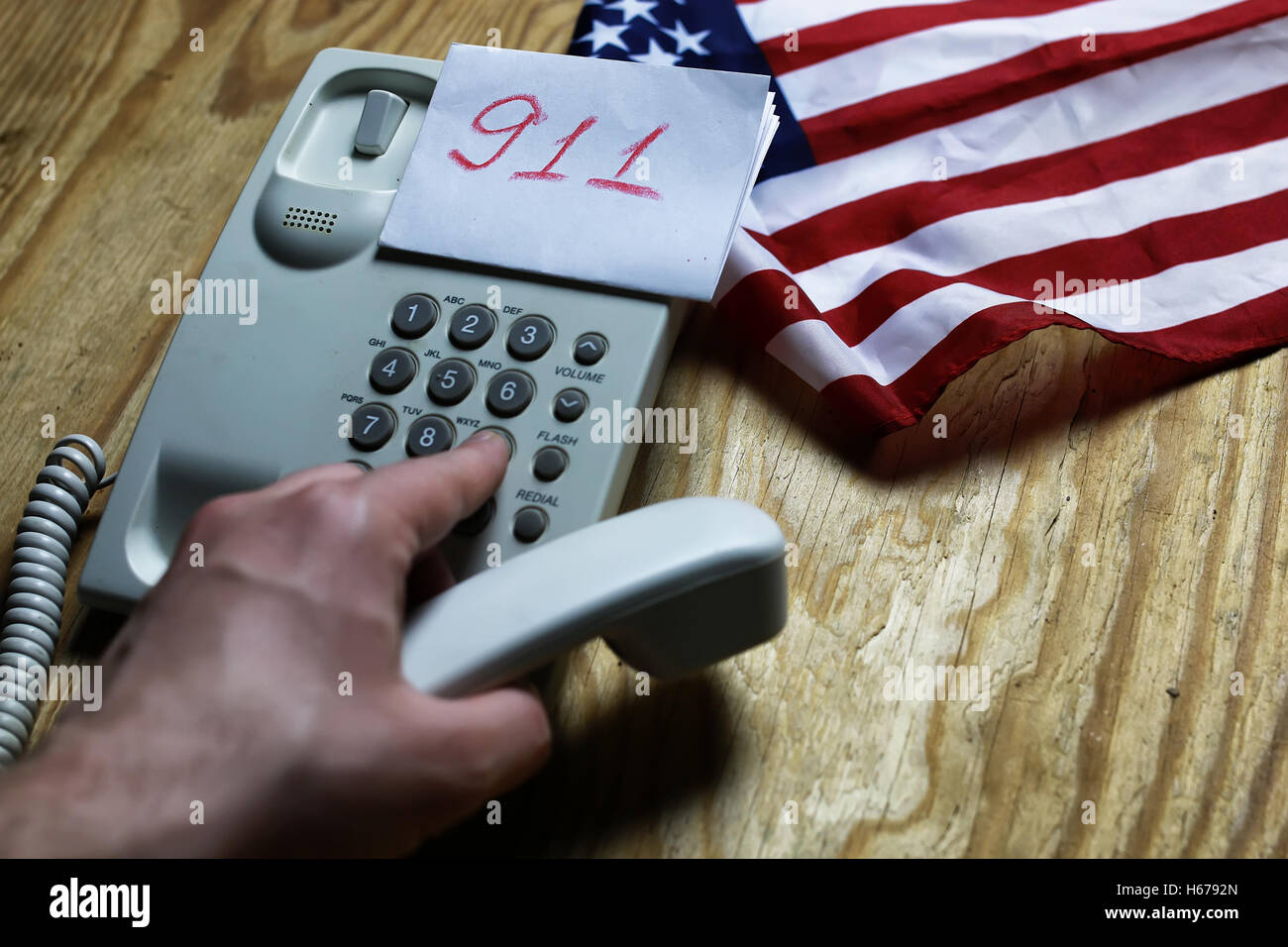 telephone domestic on wooden background concept of 911 emergency Stock ...