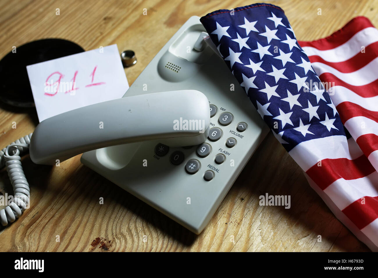 telephone domestic on wooden background concept of 911 emergency Stock ...