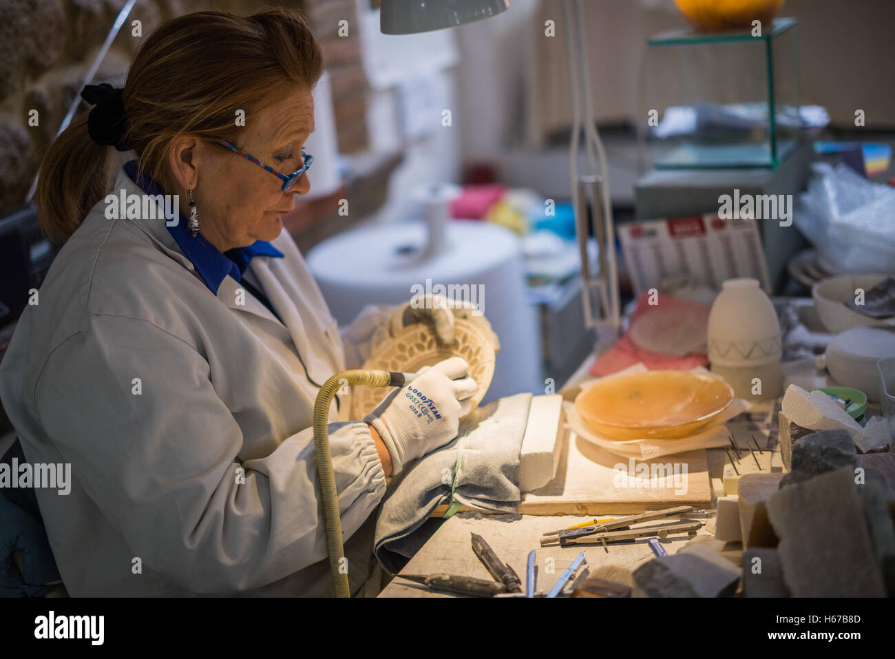 Craftsman working with alabaster, Volterra, Tuscany, Italy, EU, Europe ...