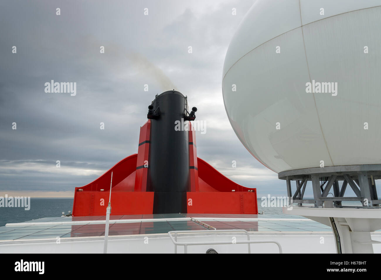 Superstructure of the RMS Queen Mary 2 showing white radar globe to the ...