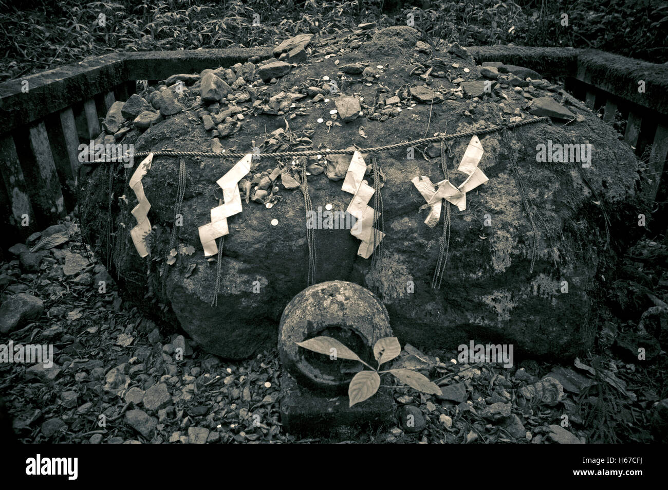 Sacred stone at Takinoo shinto shrine in mountains near Nikko, Japan ...