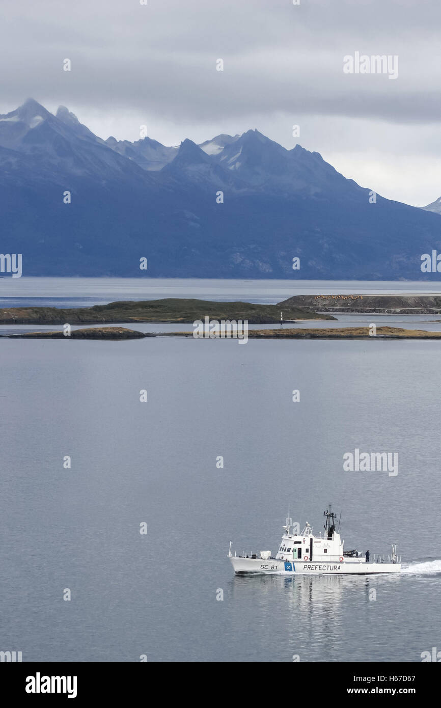 A naval argentina boat patrolling in Beagle Channel in front of Ushuaia ...