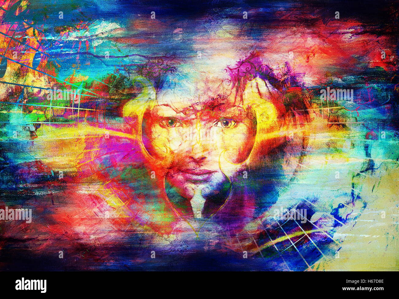 beautiful face of mystical being with music notes, symbol of the muse ...