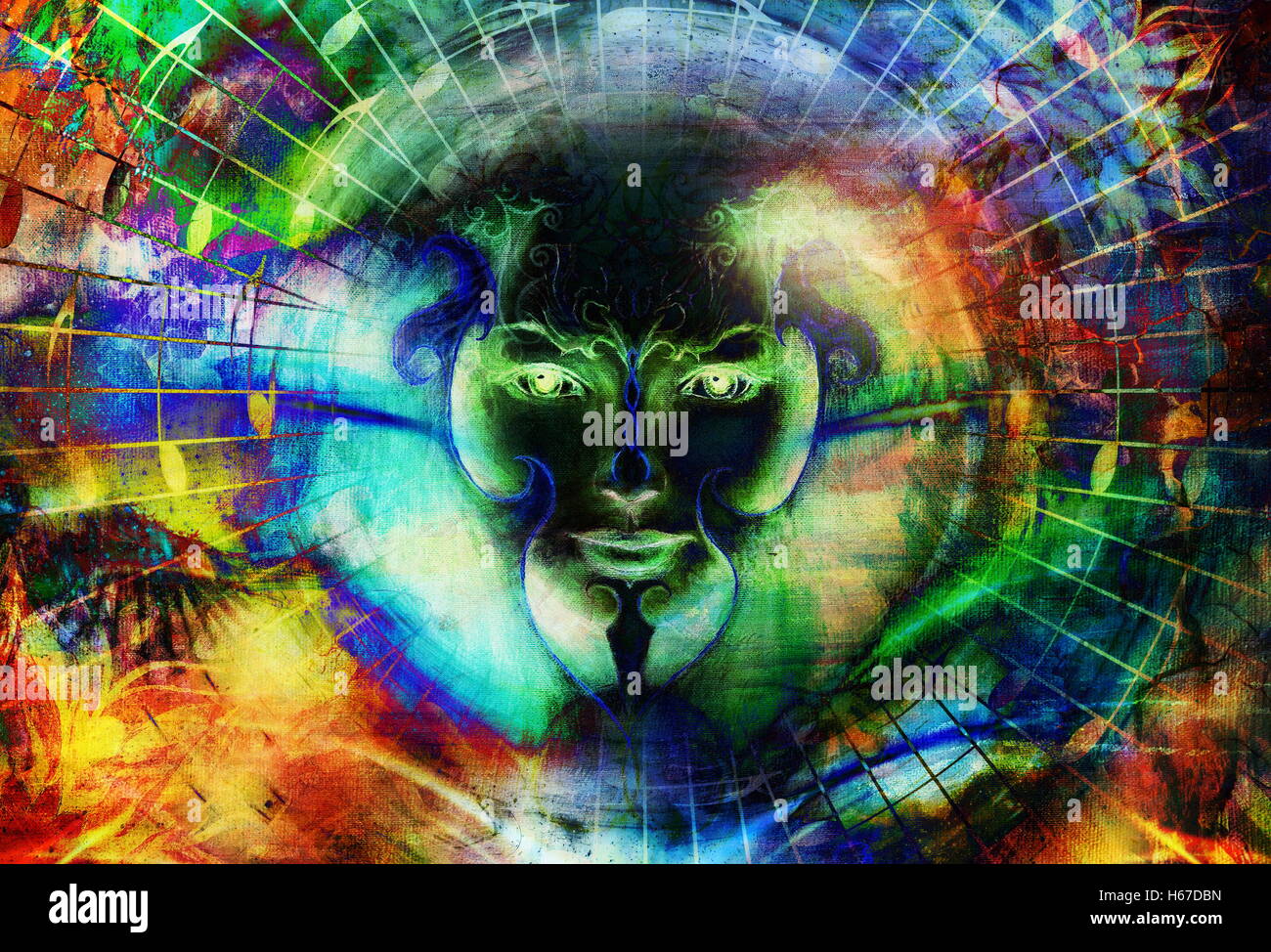 beautiful face of mystical being with music notes, symbol of the muse ...