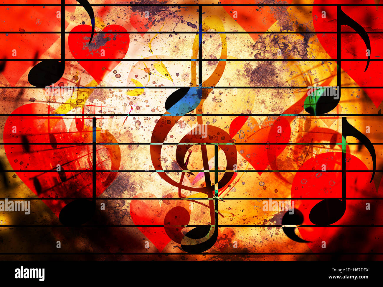 beautiful collage with hearts and music notes and music clefs ...
