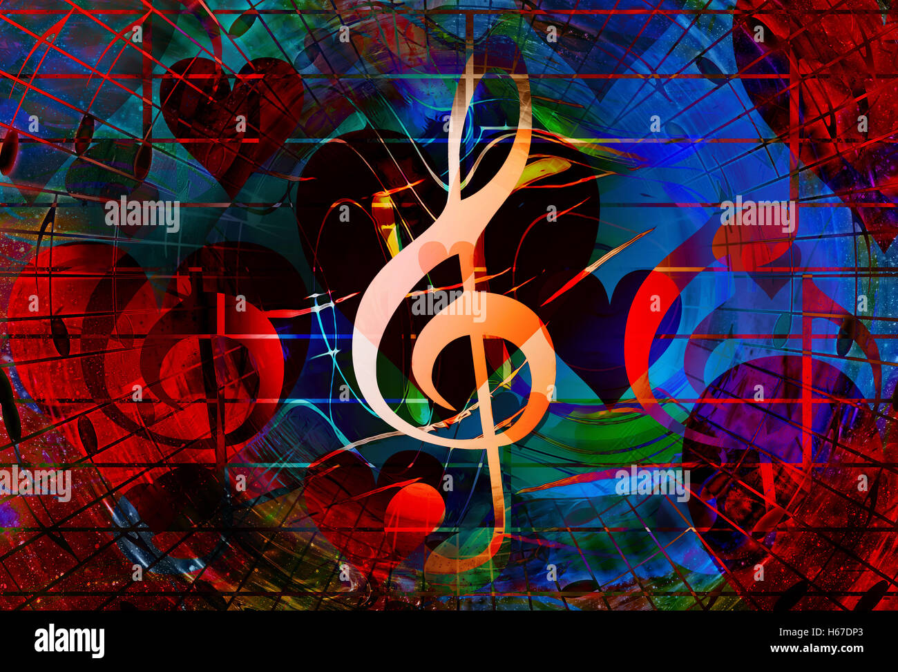 beautiful collage with hearts and music notes and music clefs ...