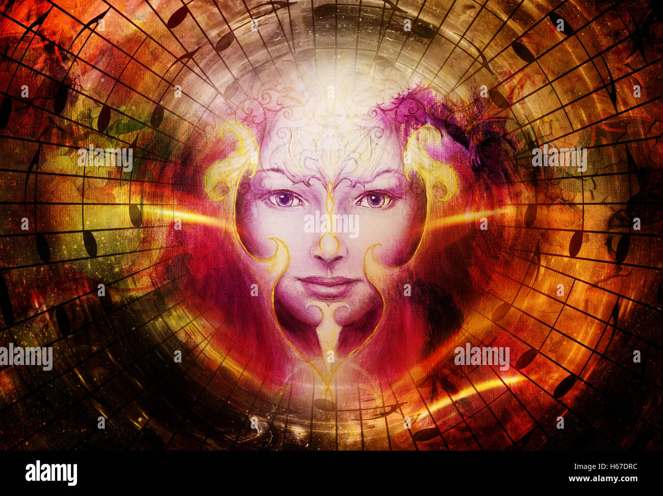 beautiful face of mystical being with music notes, symbol of the muse ...