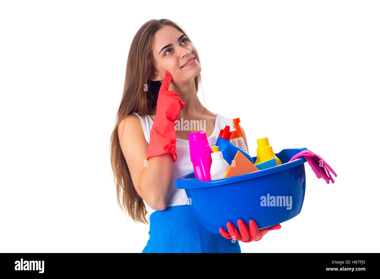 Woman holding cleaning things in washbowl Stock Photo - Alamy