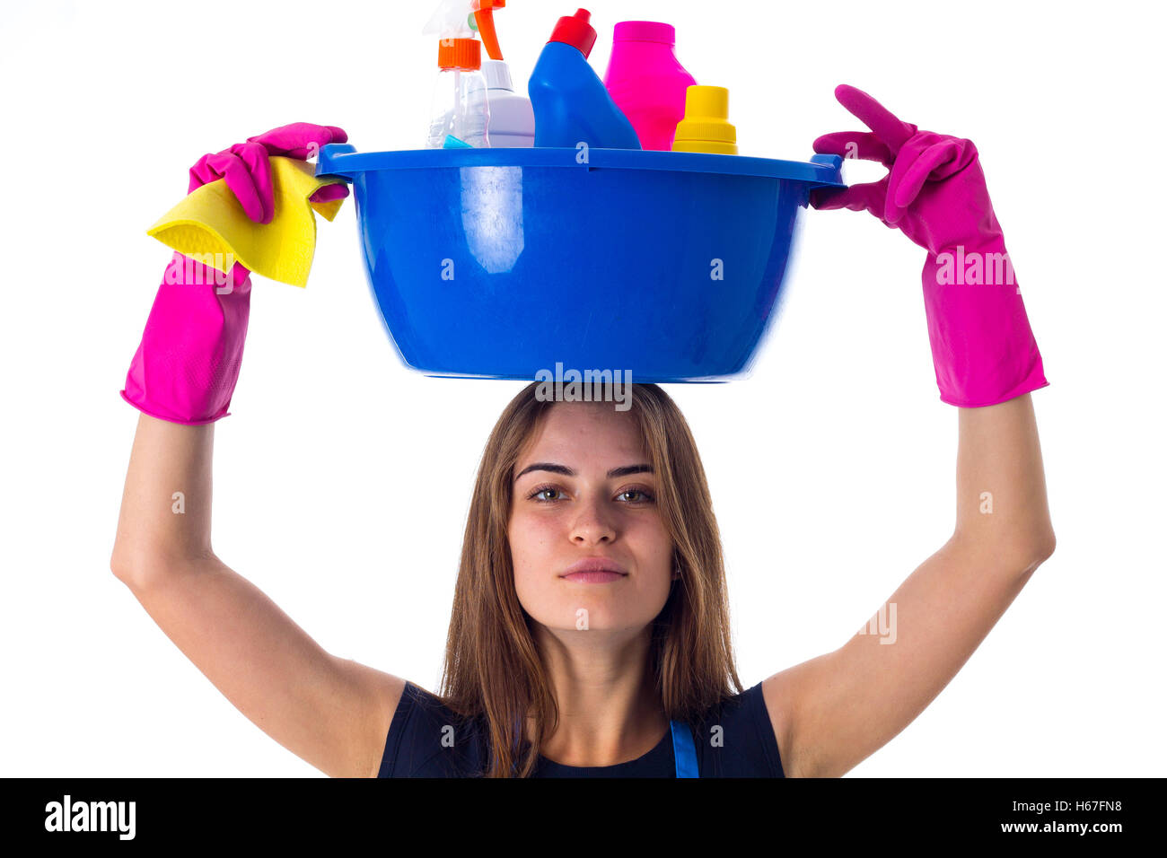 Woman holding cleaning things in washbowl Stock Photo - Alamy