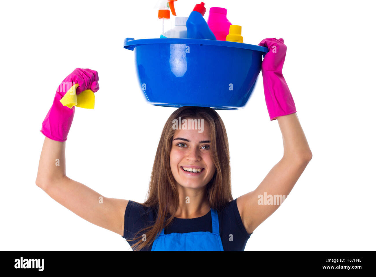 Woman holding cleaning things in washbowl Stock Photo - Alamy
