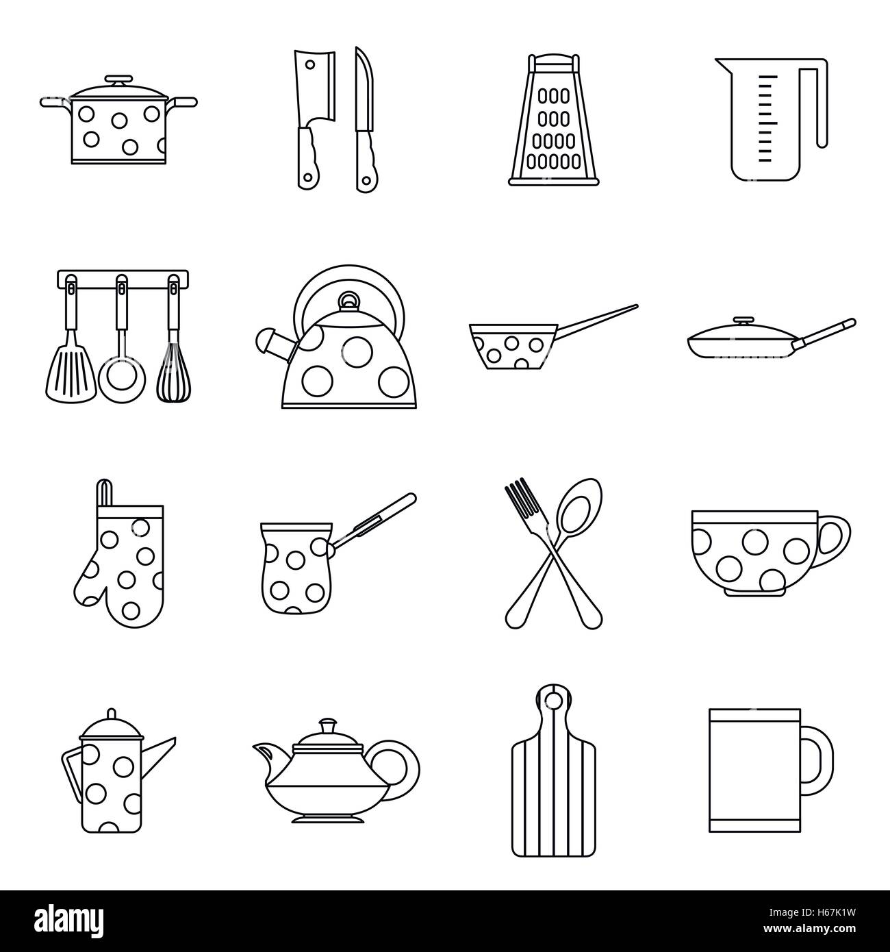 Kitchen tools and utensils icons, outline style Stock Vector Image ...