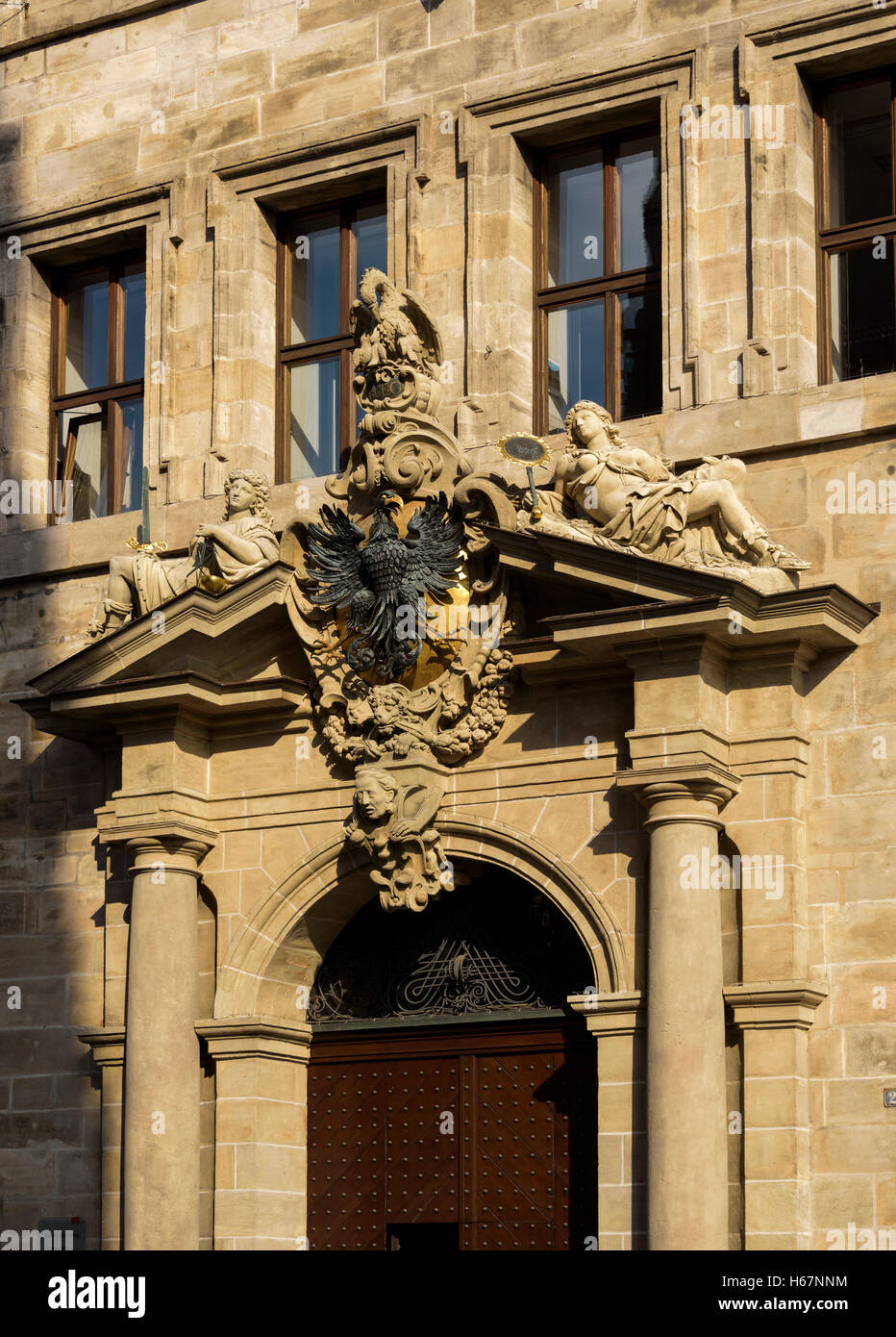 Ornate pediment over doorway of the town hall, Nuremberg Stock Photo ...