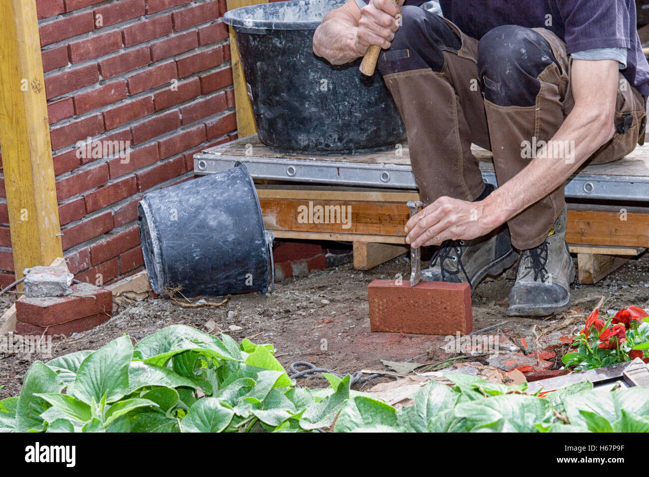 Bricklayer breaking a brick in garden Stock Photo - Alamy