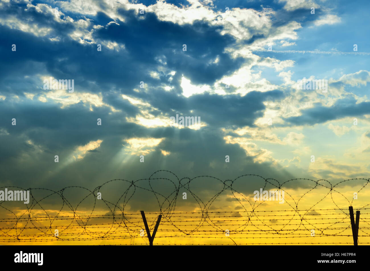 barbed wire and cloudy sky at sunset Stock Photo - Alamy
