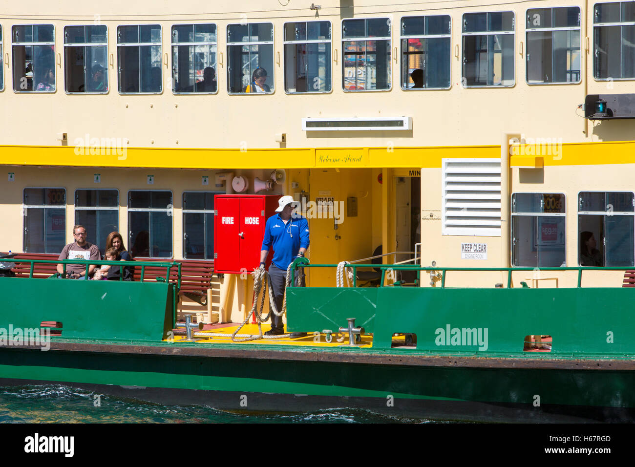 Sydney ferry Scarborough on the harbour coming in to a ferry wharf ...