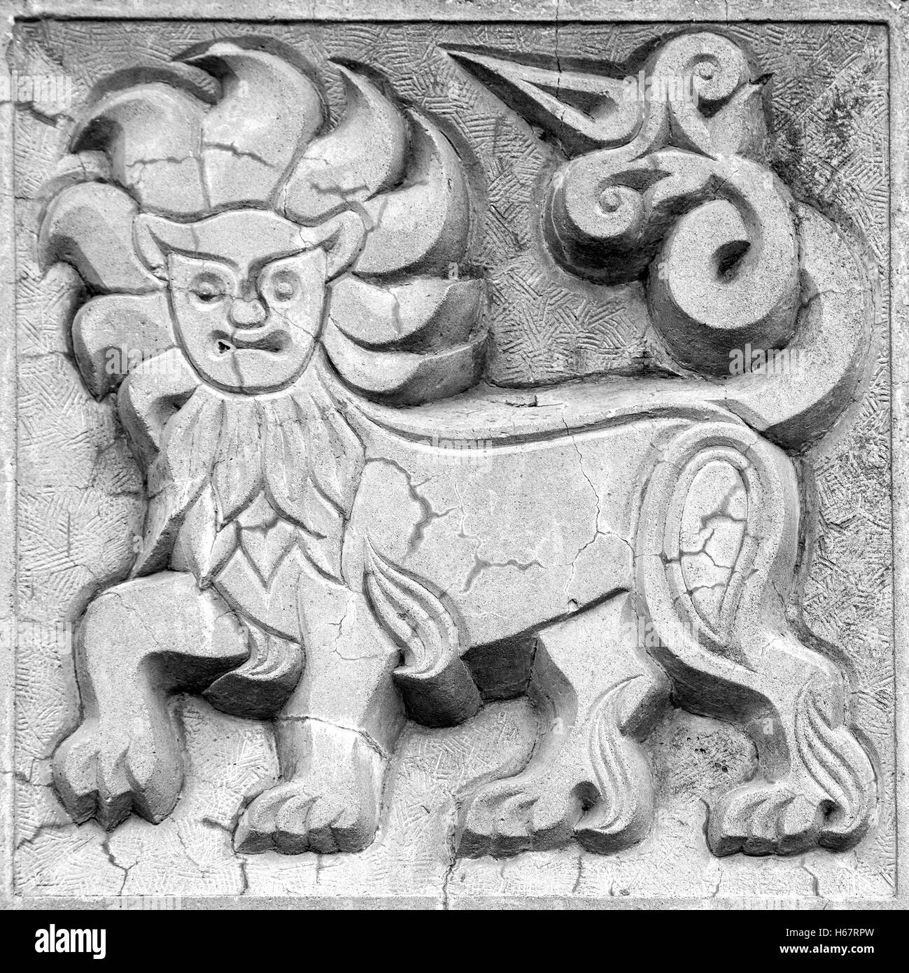 big fabulous lion, stone bas-relief on the wall Stock Photo - Alamy