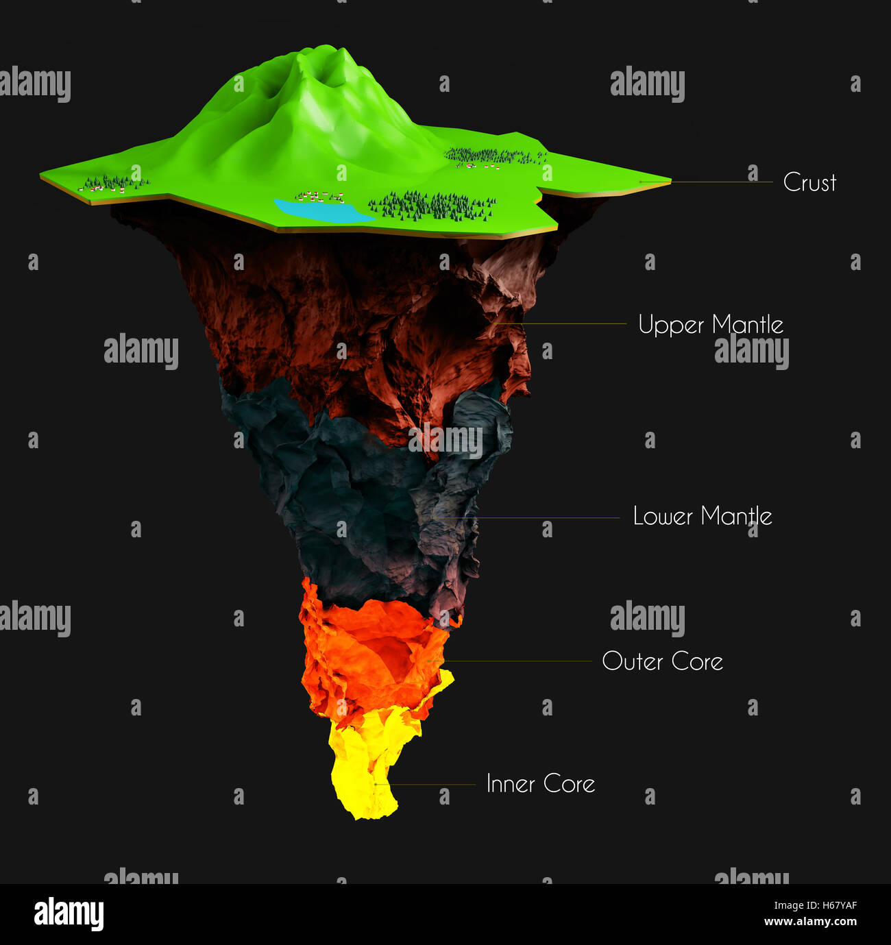 Earth Structure Isolated On Black Crust Upper Mantle Lower Outer Core And Inner Cutaway