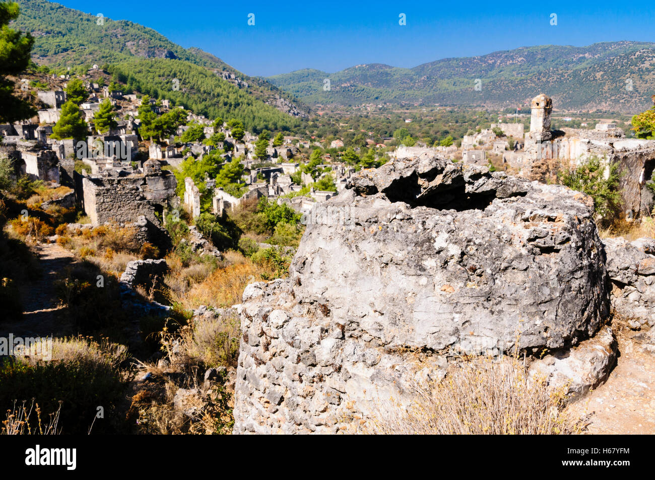 Ruins at the former Greek village of Kayakoy in Turkey, abandoned 1922 ...