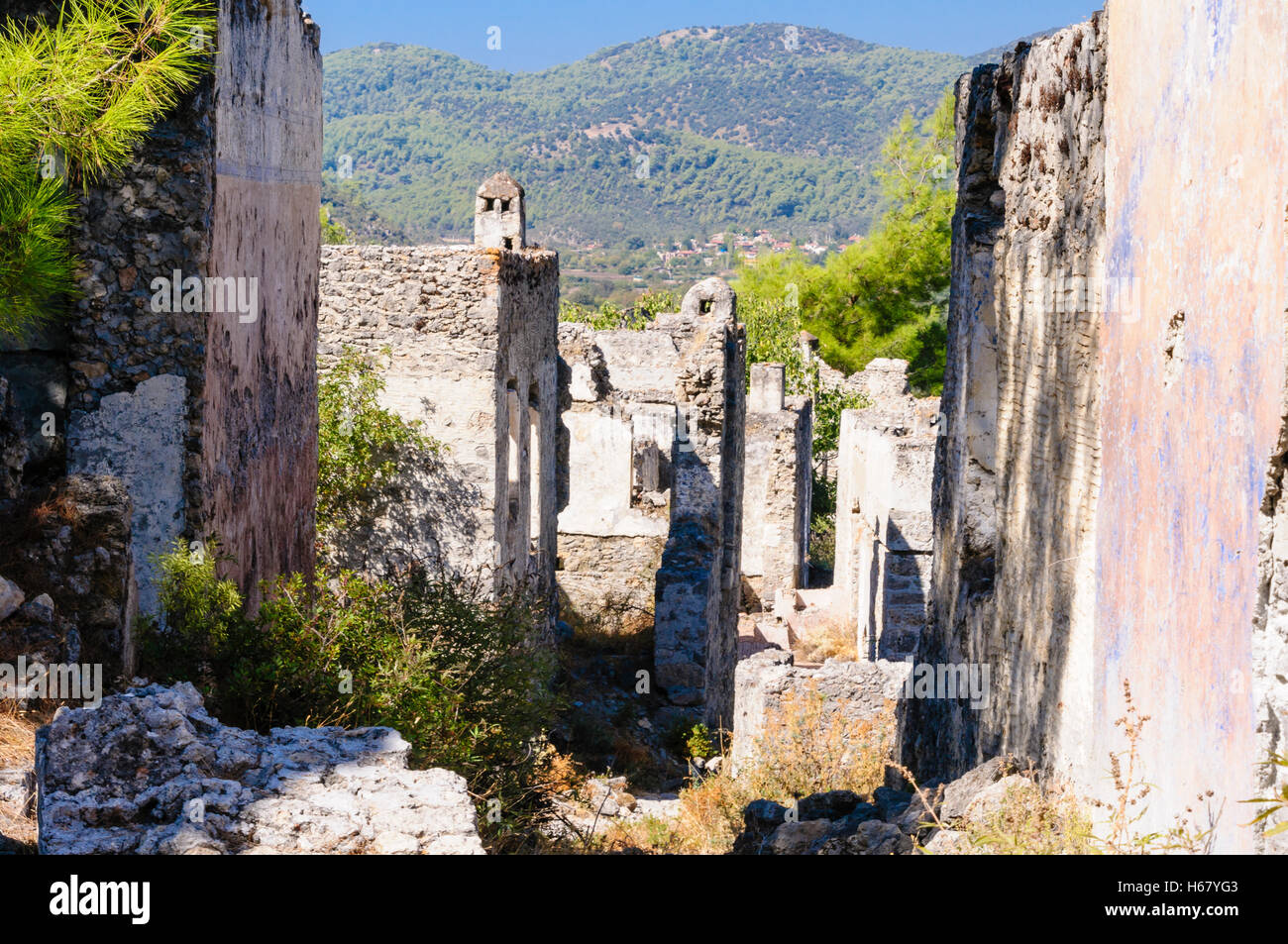 Ruins at the former Greek village of Kayakoy in Turkey, abandoned 1922 ...