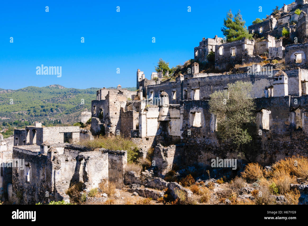 Ruins at the former Greek village of Kayakoy in Turkey, abandoned 1922 ...
