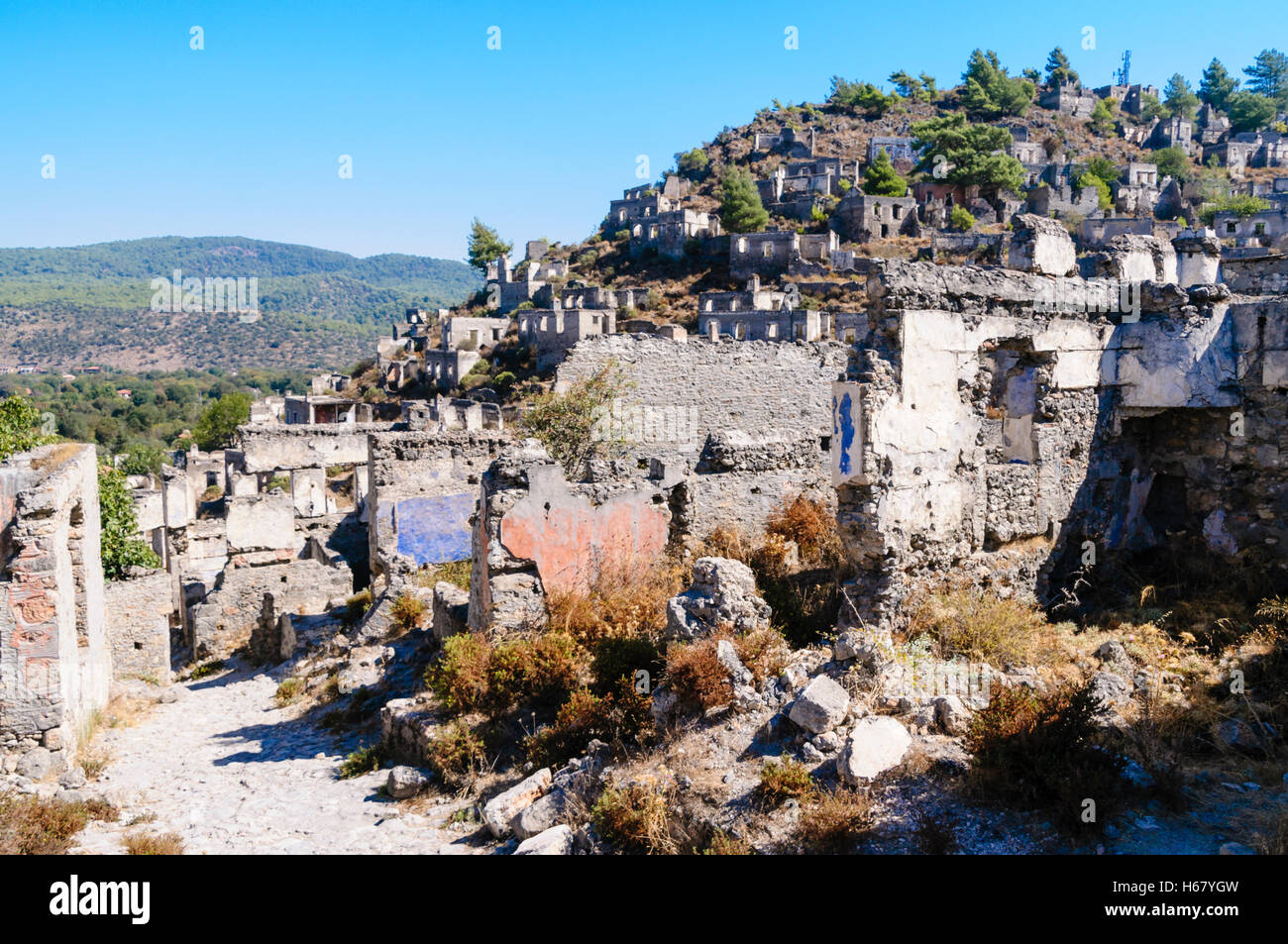 Ruins at the former Greek village of Kayakoy in Turkey, abandoned 1922 ...