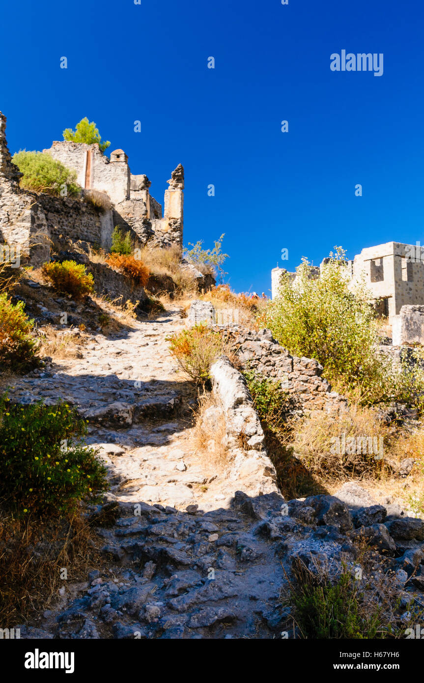 Ruins at the former Greek village of Kayakoy in Turkey, abandoned 1922 ...