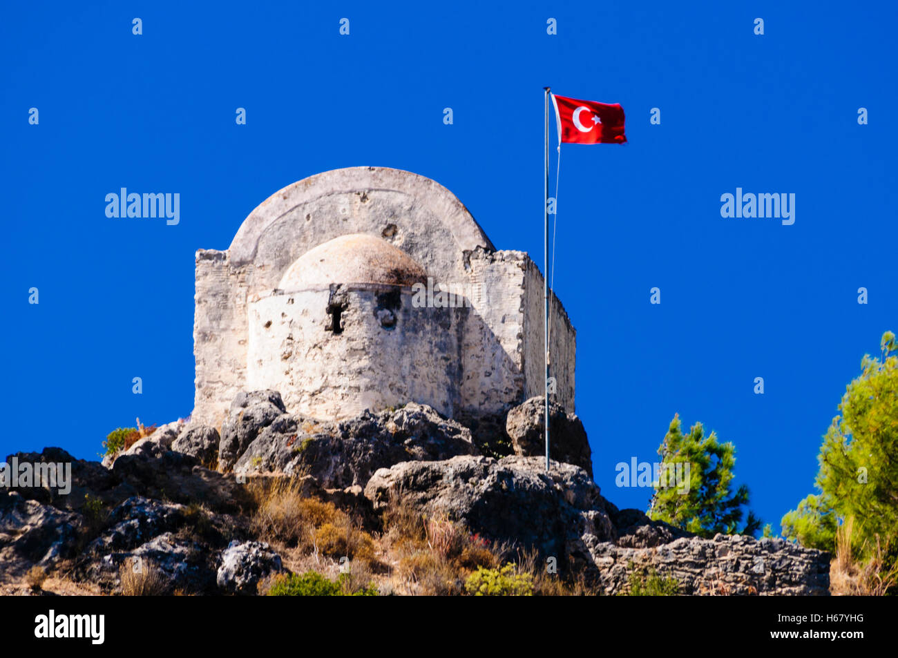 Ruins at the former Greek village of Kayakoy in Turkey, abandoned 1922 ...