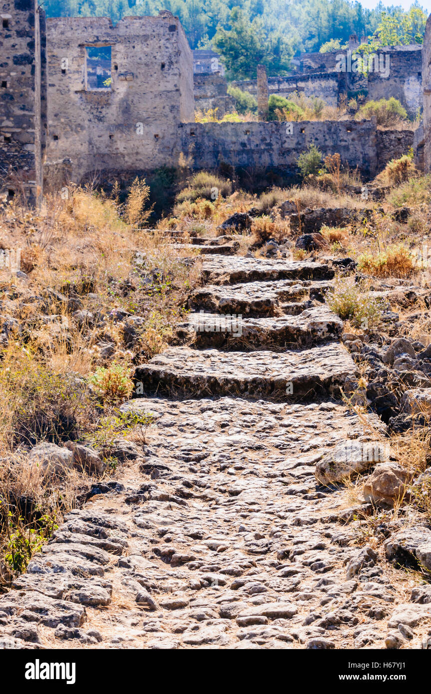 Ruins at the former Greek village of Kayakoy in Turkey, abandoned 1922 ...