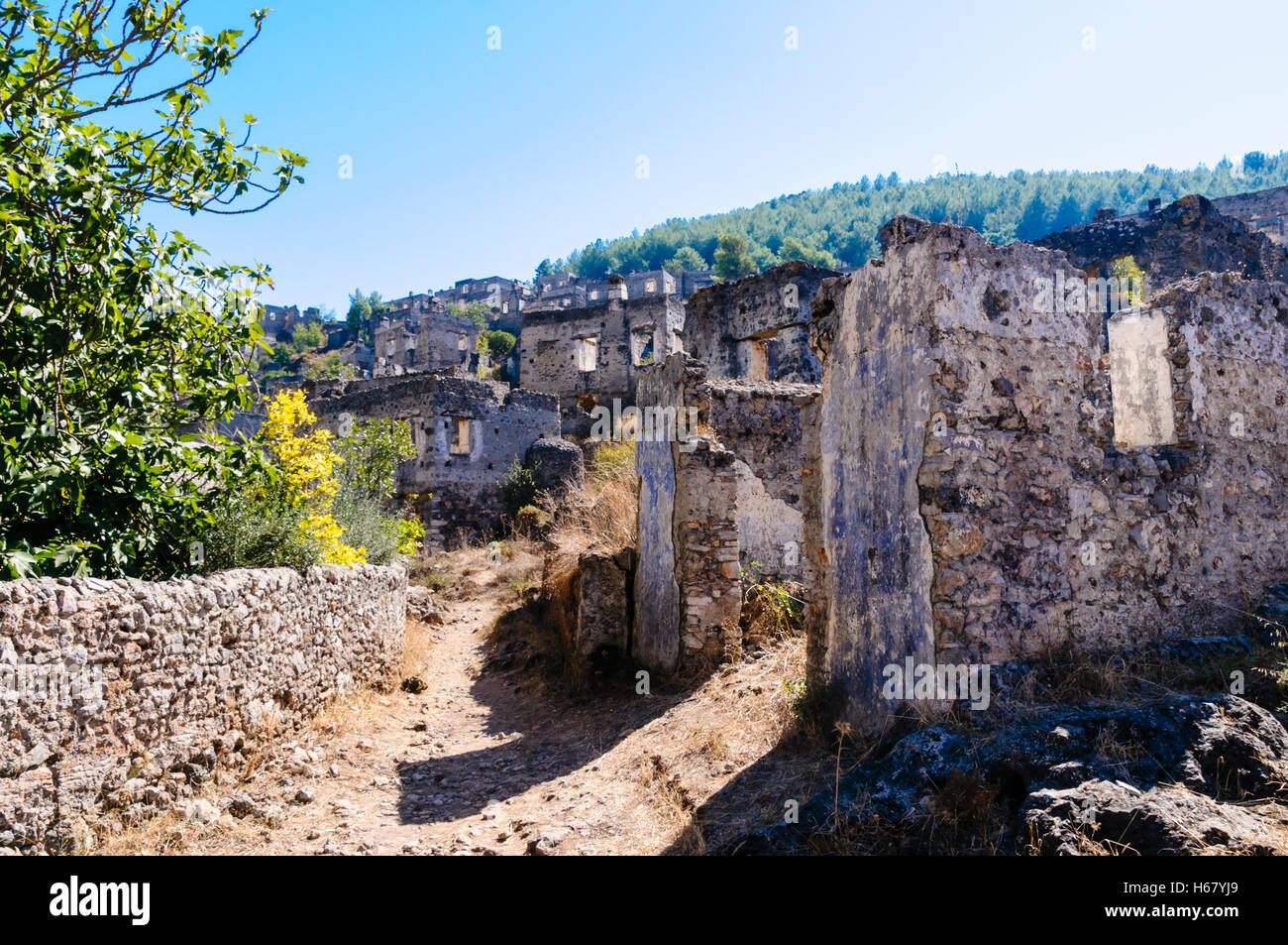 Ruins at the former Greek village of Kayakoy in Turkey, abandoned 1922 ...