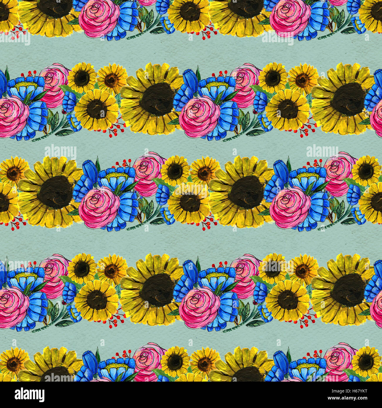 Seamless pattern with blue yellow and pink flowers Stock Photo - Alamy